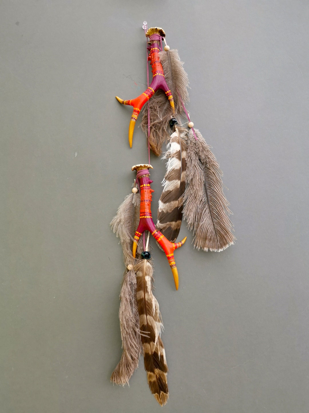 Fallen Paited Antlers. Tribal Wall Hanging. Feather Antler Art. Gift ...