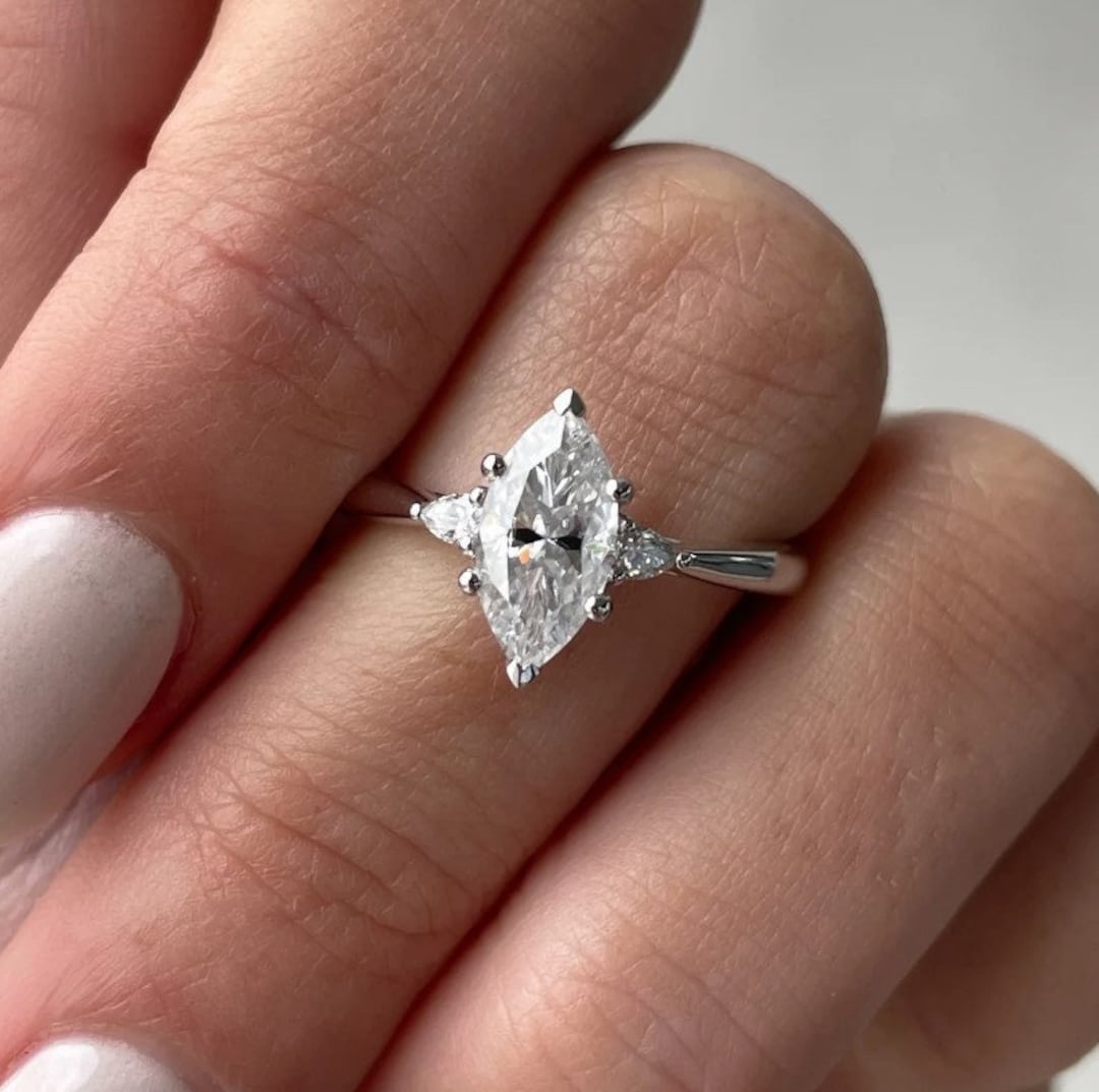 Marquise & Pear Cut Three Stone Engagement Ring, Marquise Moissanite ...