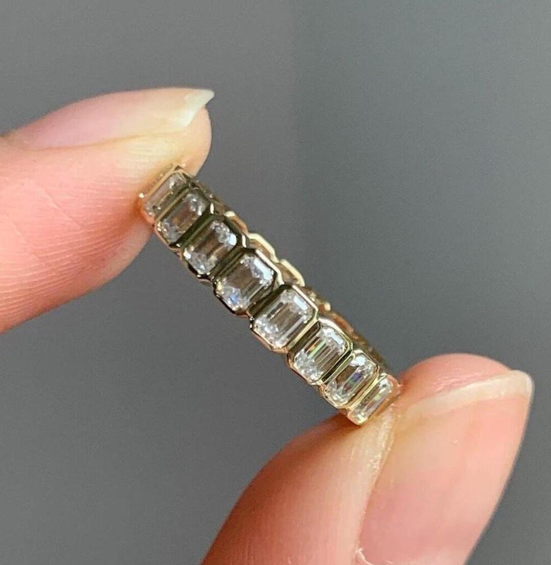 3 CT Emerald Cut Moissanite Wedding Band Bezel Set Engagement Band Set ...