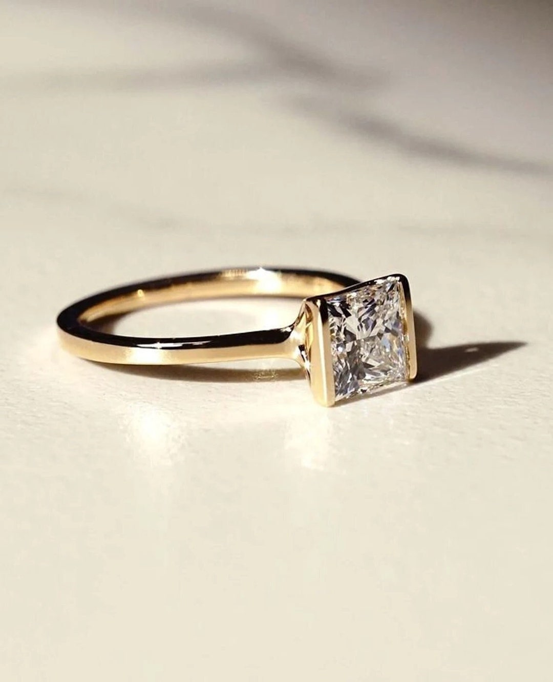 2 CT Princess Cut Half Bezel Solitaire Ring, Princess Bar Setting Ring ...