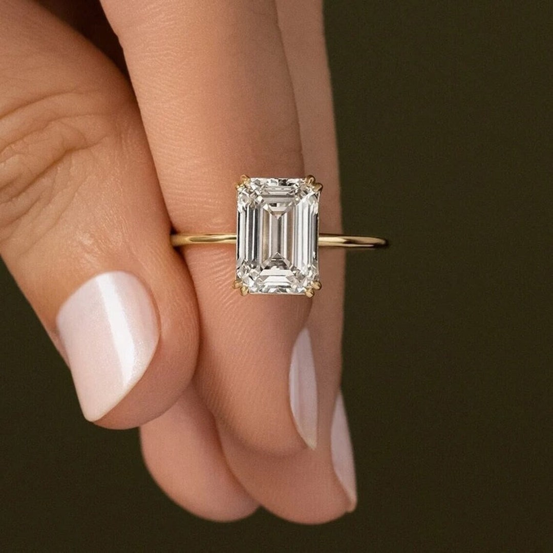 Emerald Cut Solitaire Moissanite Engagement Ring, Emerald Cut Double ...