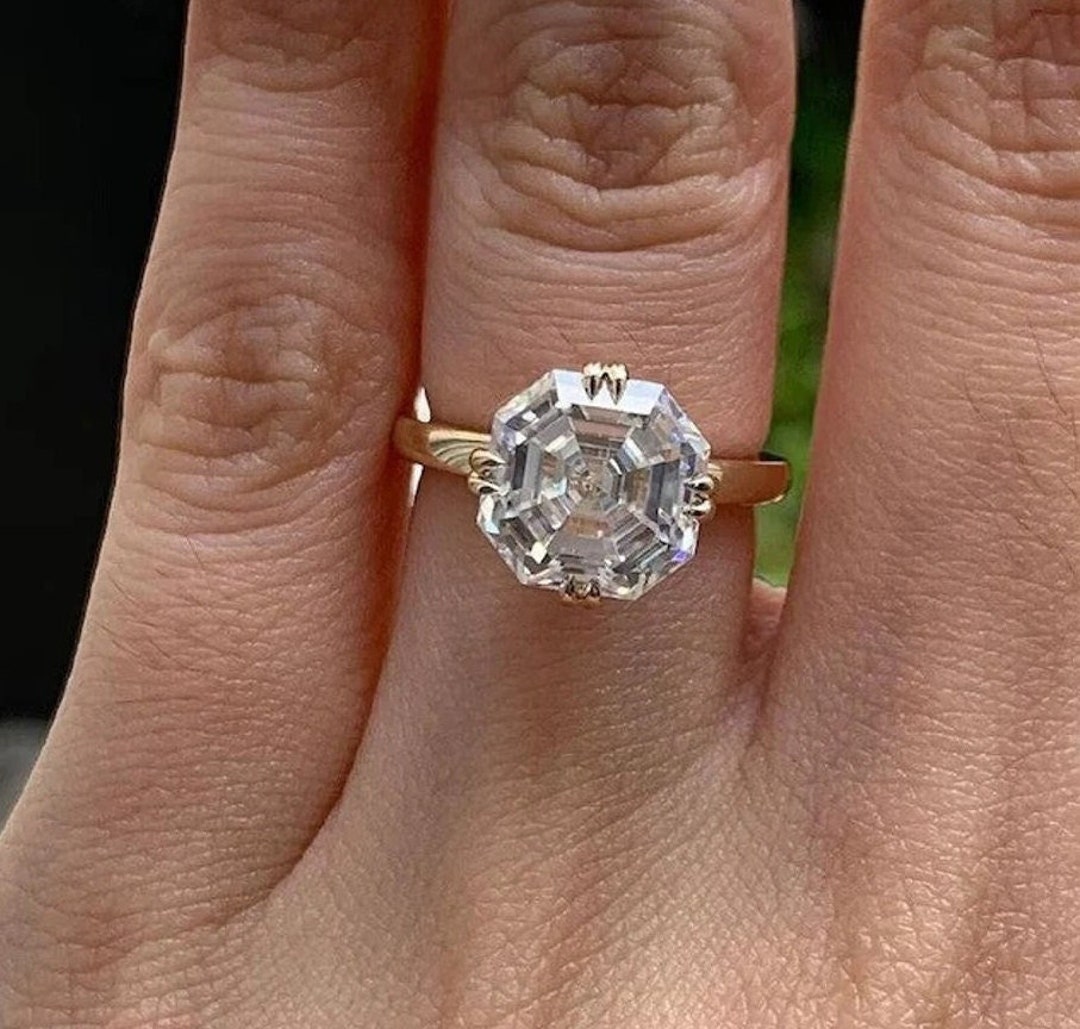 9 MM Asscher Cut Compass Prong Setting Solitaire Ring, Modern Compass ...