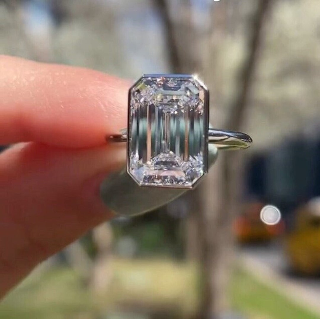 Solitaire Emerald Cut Moissanite Engagement Ring, Emerald Bezel Set ...