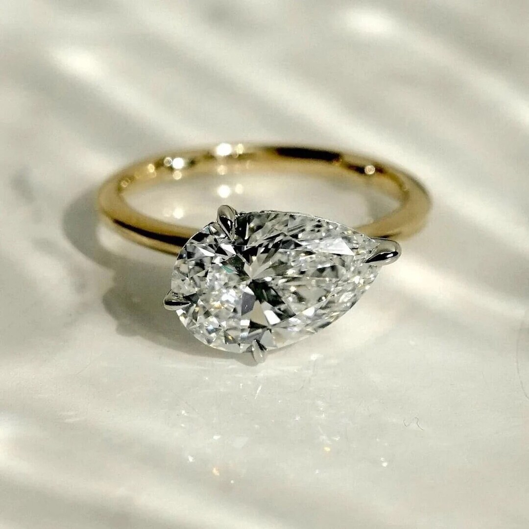 2.50CT East West Pear Solitaire Engagement Ring, 14K Solid Gold Ring ...