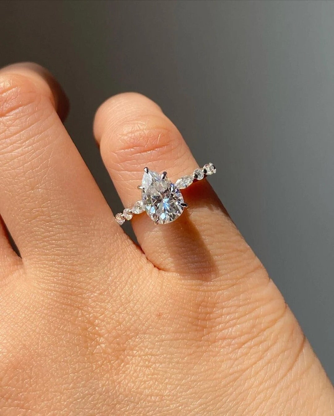 Tear Drop Pear Cut Moissanite Engagement Ring, Marquise Cut Side Stone ...