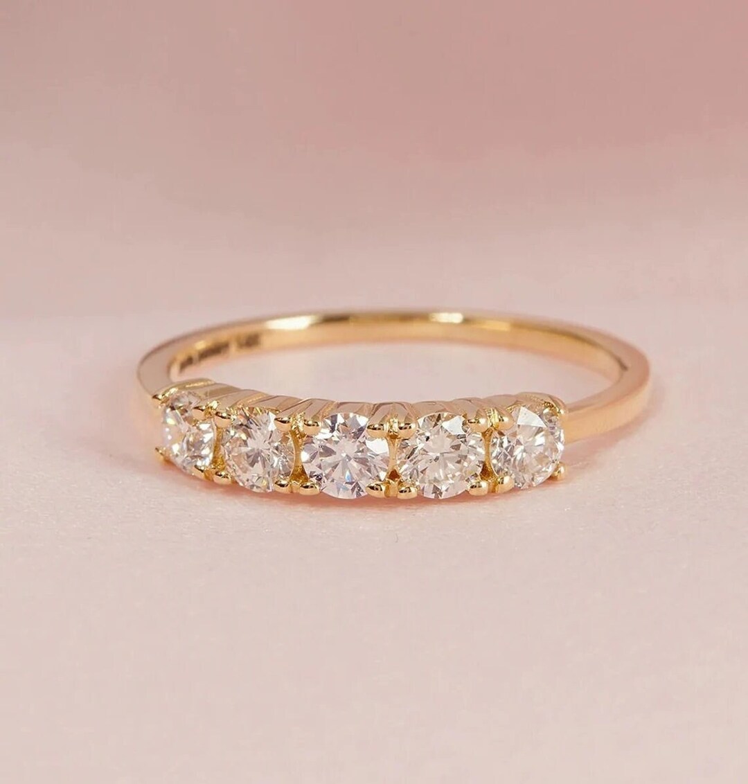 4mm Round Moissanite 5 Stone Ring, Half Eternity Matching Wedding Band ...