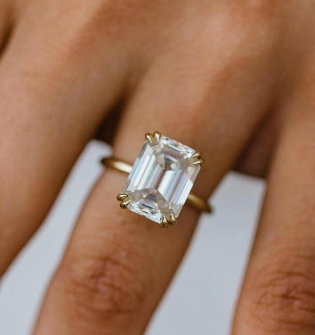 Emerald Cut Double Claw Prong Engagement Ring, Emerald Cut Moissanite ...