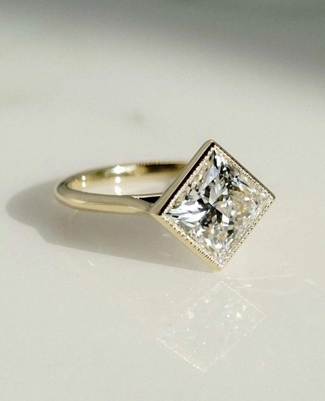 3 CT Princess Cut Bezel Set Solitaire Engagement Ring, Square Cut Ring ...