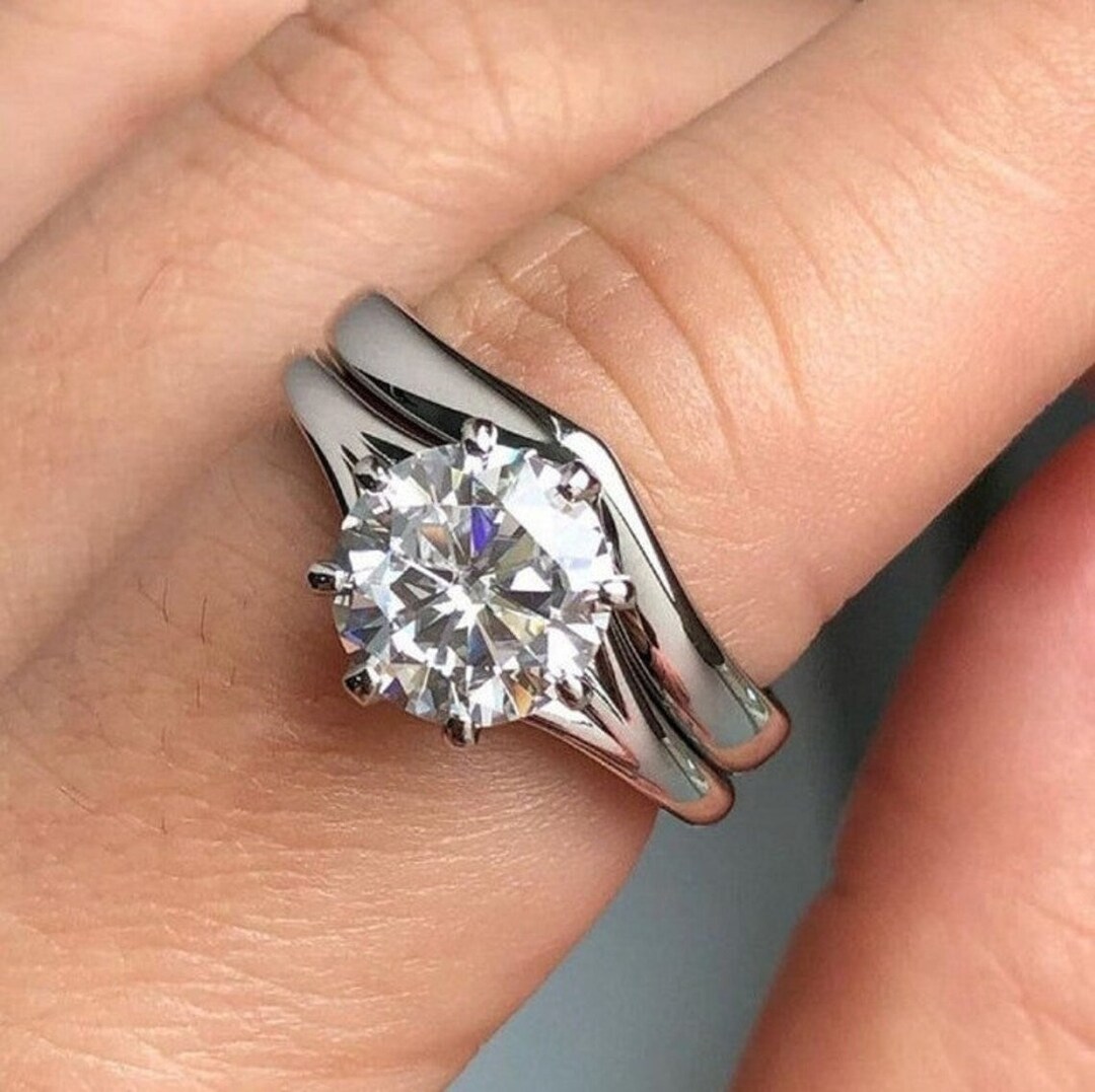 2.50CT Colorless Moissanite Solitaire Engagement Ring With Plain Curve Wedding Band, Silver ...