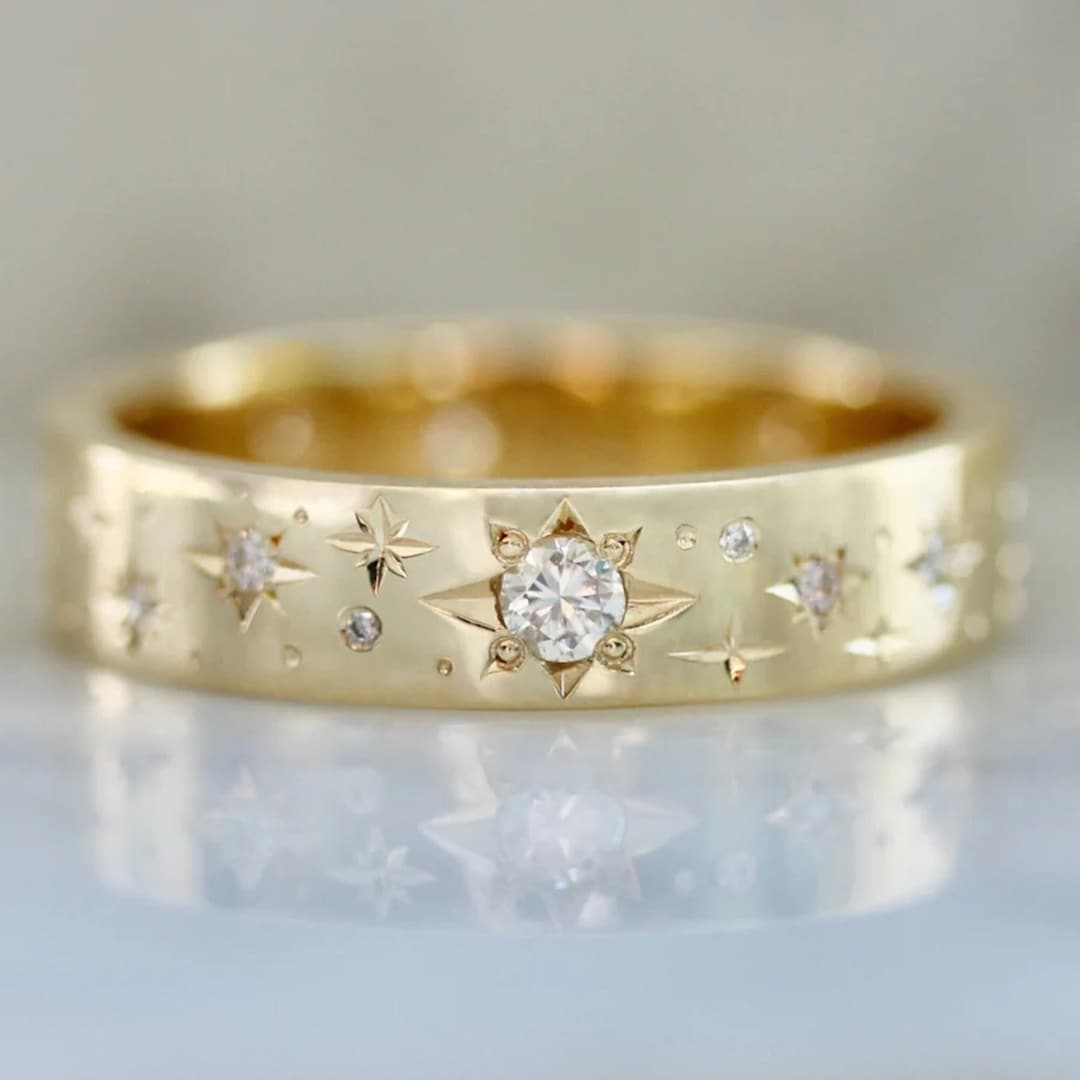 Unique Gold & Moissanite Celestial Wedding Band for Her, Antique ...