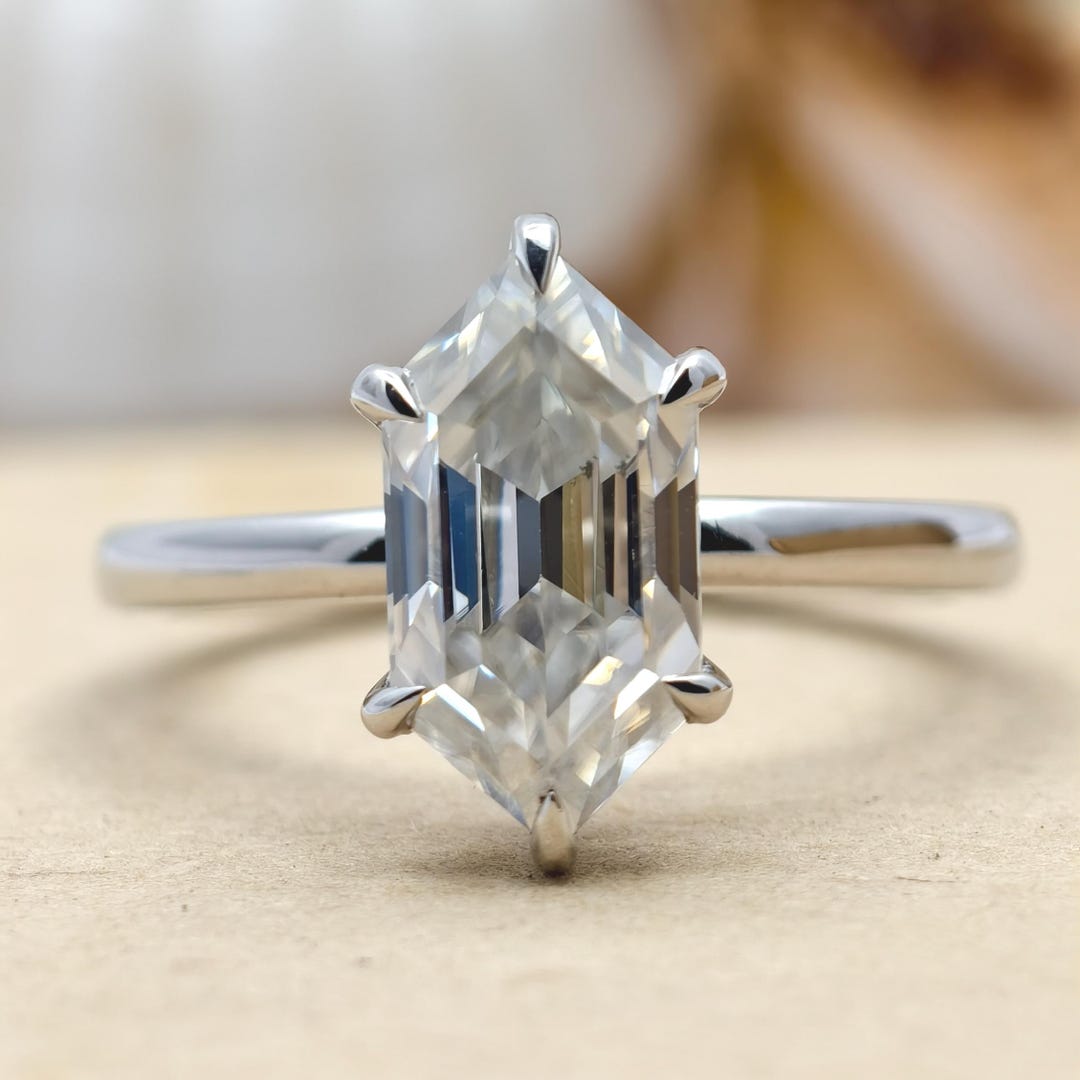 Hexagon Engagement Ring, Step Cut Diamond 14K Solid Gold Ring, Promise ...