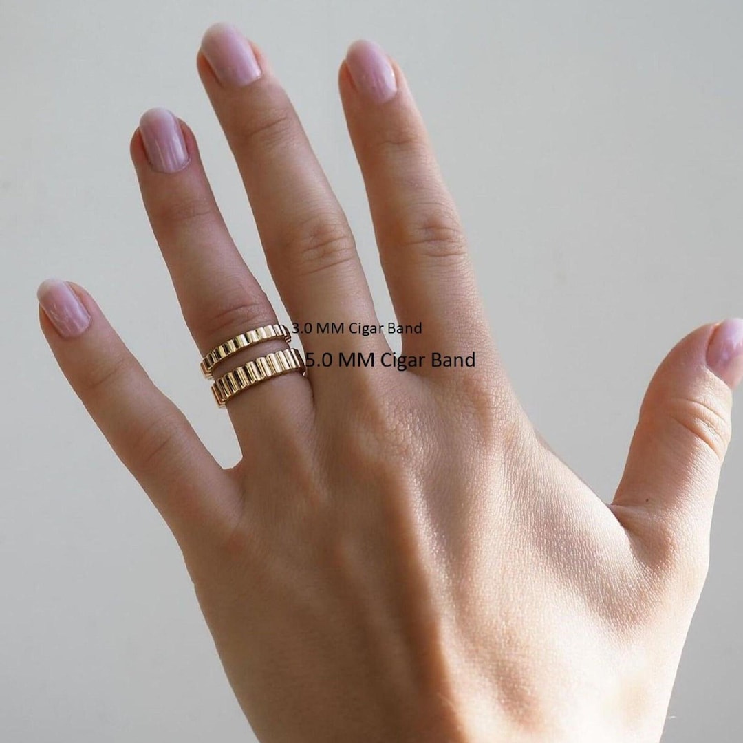 3.0/5.0 MM Wide Ribbed Cigar Band 14k Solid Yellow Gold Band Platinum ...