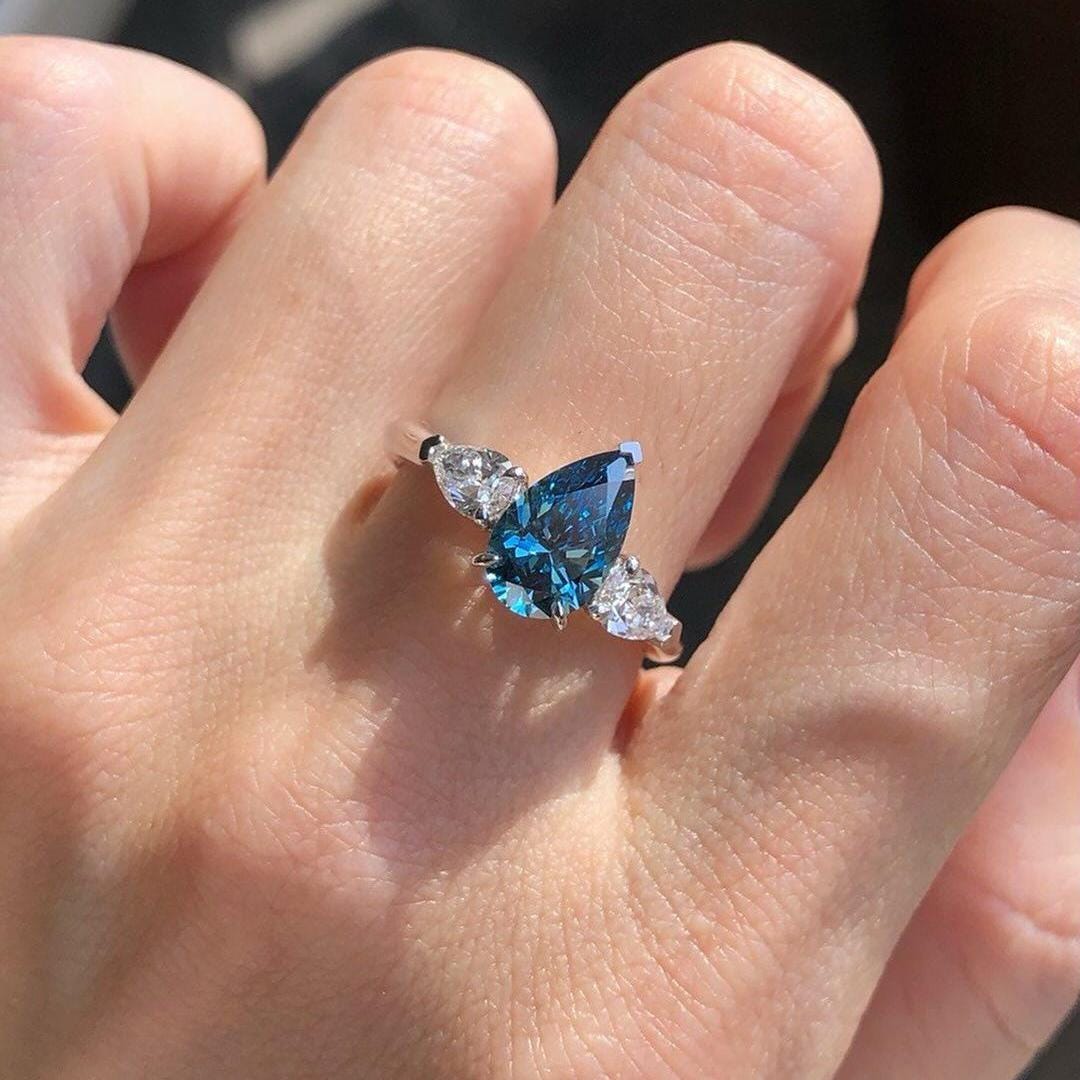 Vivid Blue Pear Lab Diamond Ring • 14K White Gold 3-stone Engagement ...
