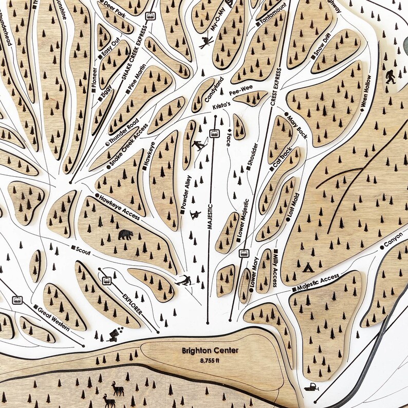 3D Brighton Mountain Ski Trail Map | Wood Ski Slope Map Art, Engraved ...