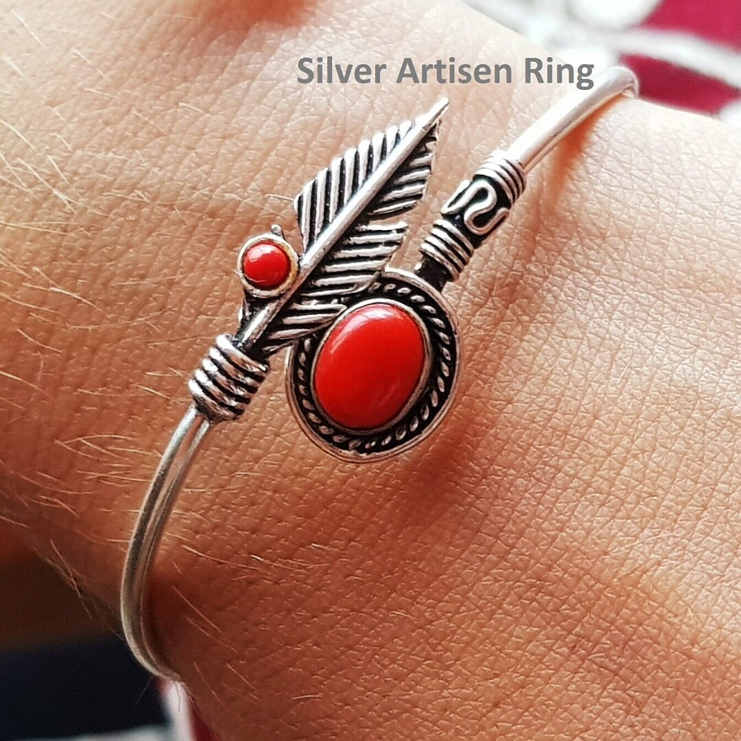 Natural Coral Adjustable Bangle Handmade Bangle Sterling Silver Bangle ...