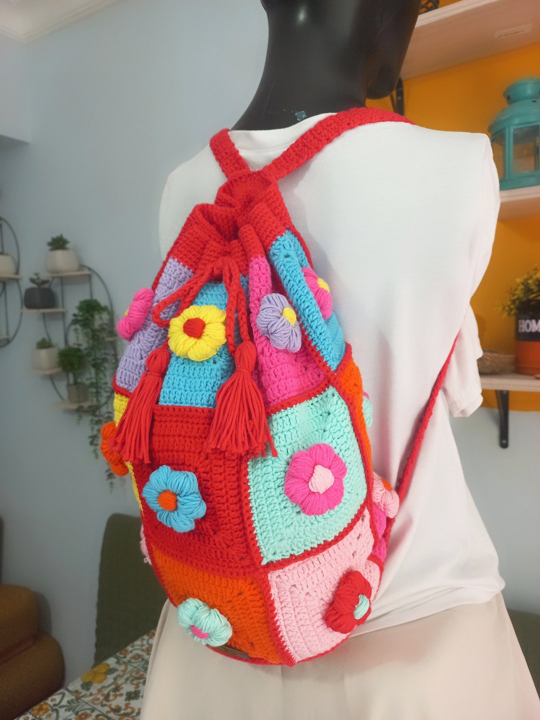 Crochet Granny Square Daisy Flower Backpack Bag, Colorful Crochet Bag, Knitted Bag, Bohemian Bag ...