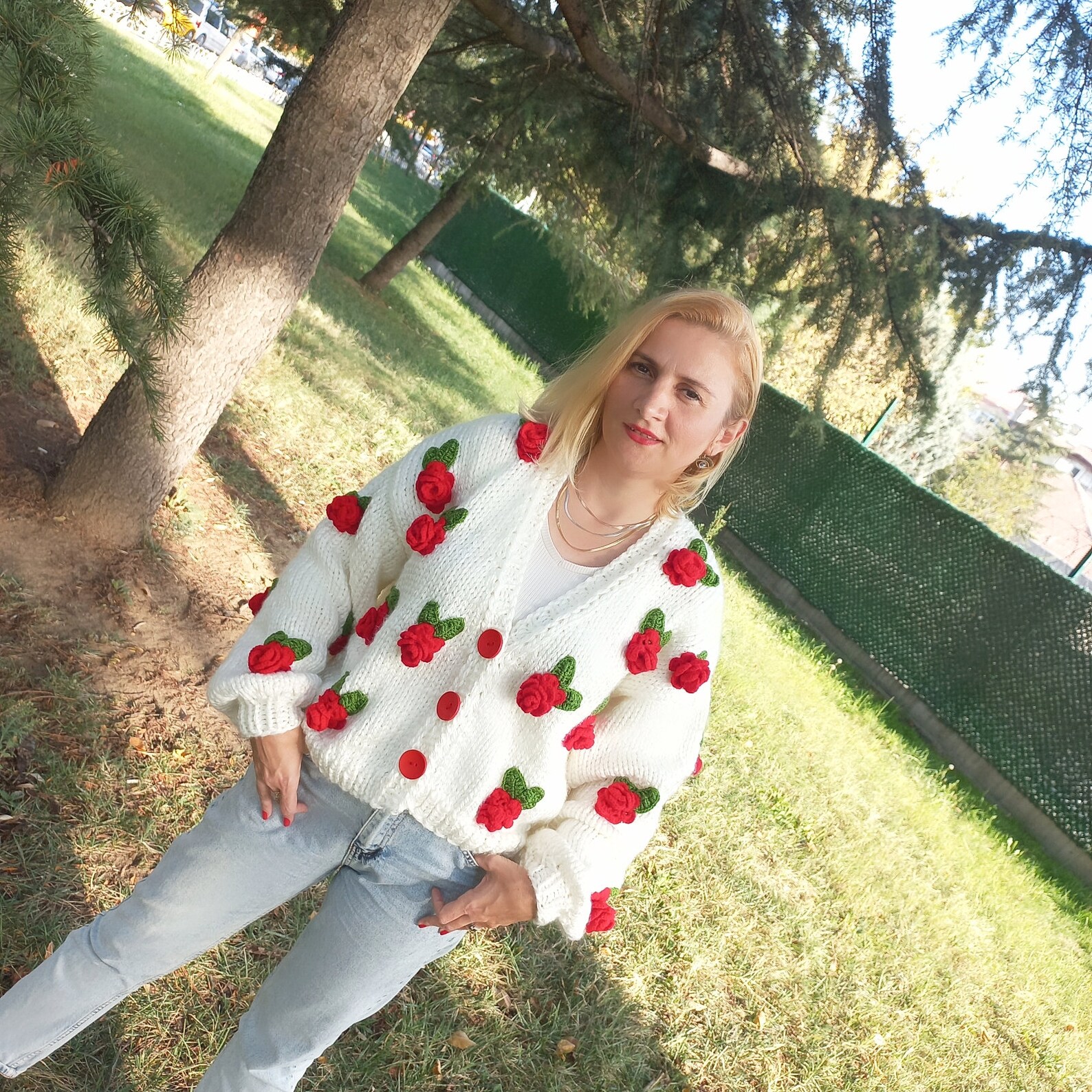 Crochet Red Roses Chunky Cardigan: Knit Oversized Sweater - Etsy