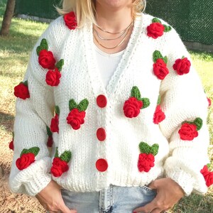 Red Roses Chunky Cardigan, Knit Rose Cardigan, Gift for Her, Sweater ...