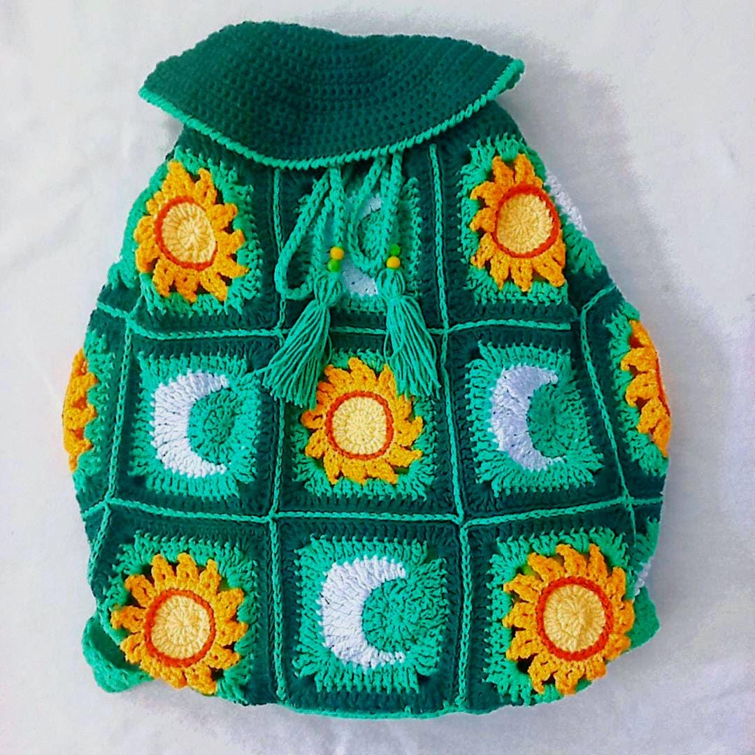 Crochet Sun and Moon Backpack: Bohemian Knitted Cotton Bag - Etsy