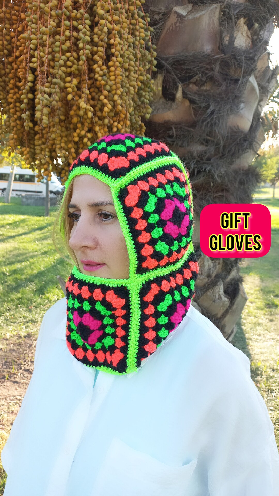 Crochet Neon Balaclava, Balaclava Hat, Granny Square Balaclava, Winter ...