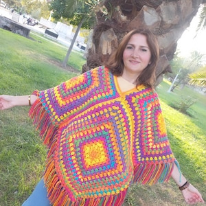 Colorful Crochet Pancho, Gift for Women, Gift for Her, Colorful Crochet ...
