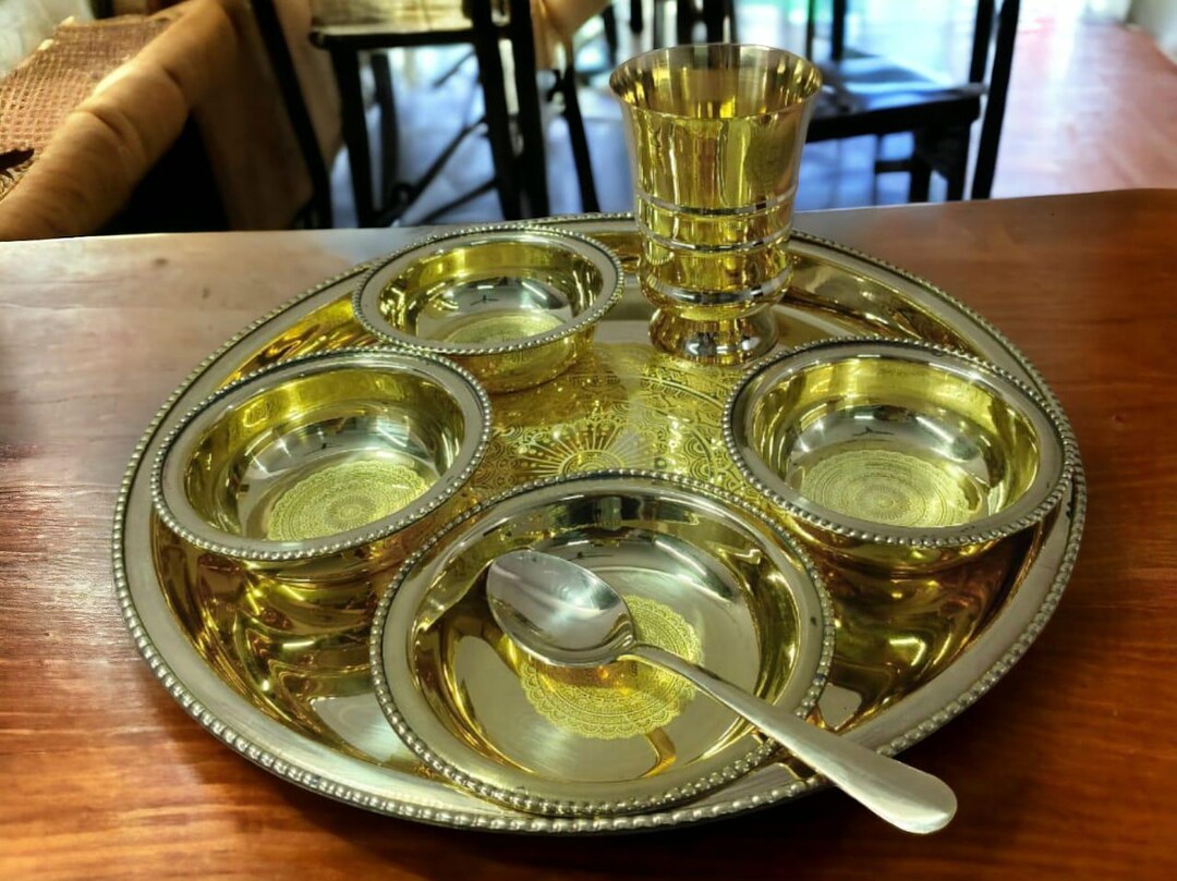 Handcrafted Brass Bhojan Thali Set | Traditional Indian Dinnerware ...
