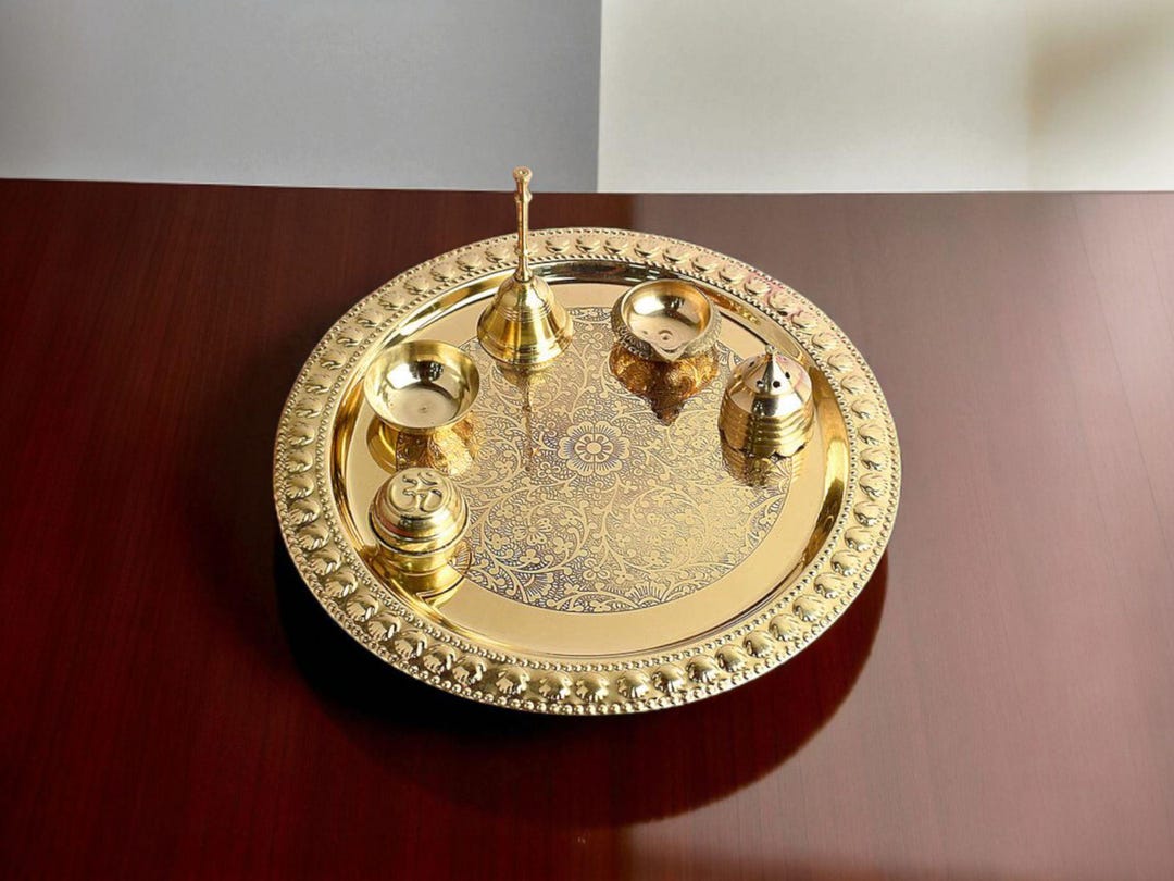 Handcrafted Brass Pooja Thali Set – Traditional Indian Puja Plate for ...