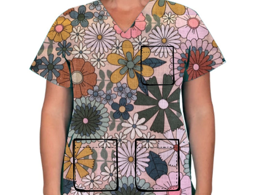 Floral Scrub Top: Handmade 100% Cotton, 3-pocket V-neck - Etsy