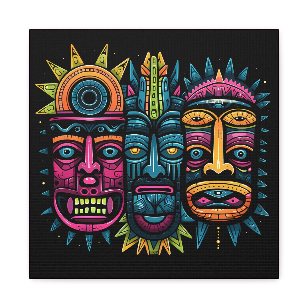 Tribal Mask Wall Art. Neon Psychedelic Canvas Print, Colorful Halloween ...