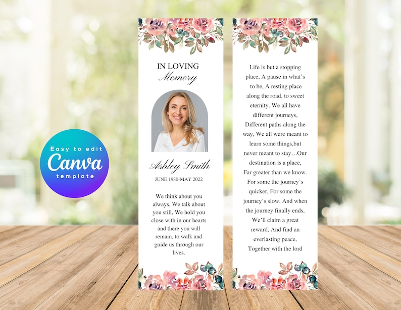 Memorial Bookmark Template , Celebration of Life Bookmark Template ...