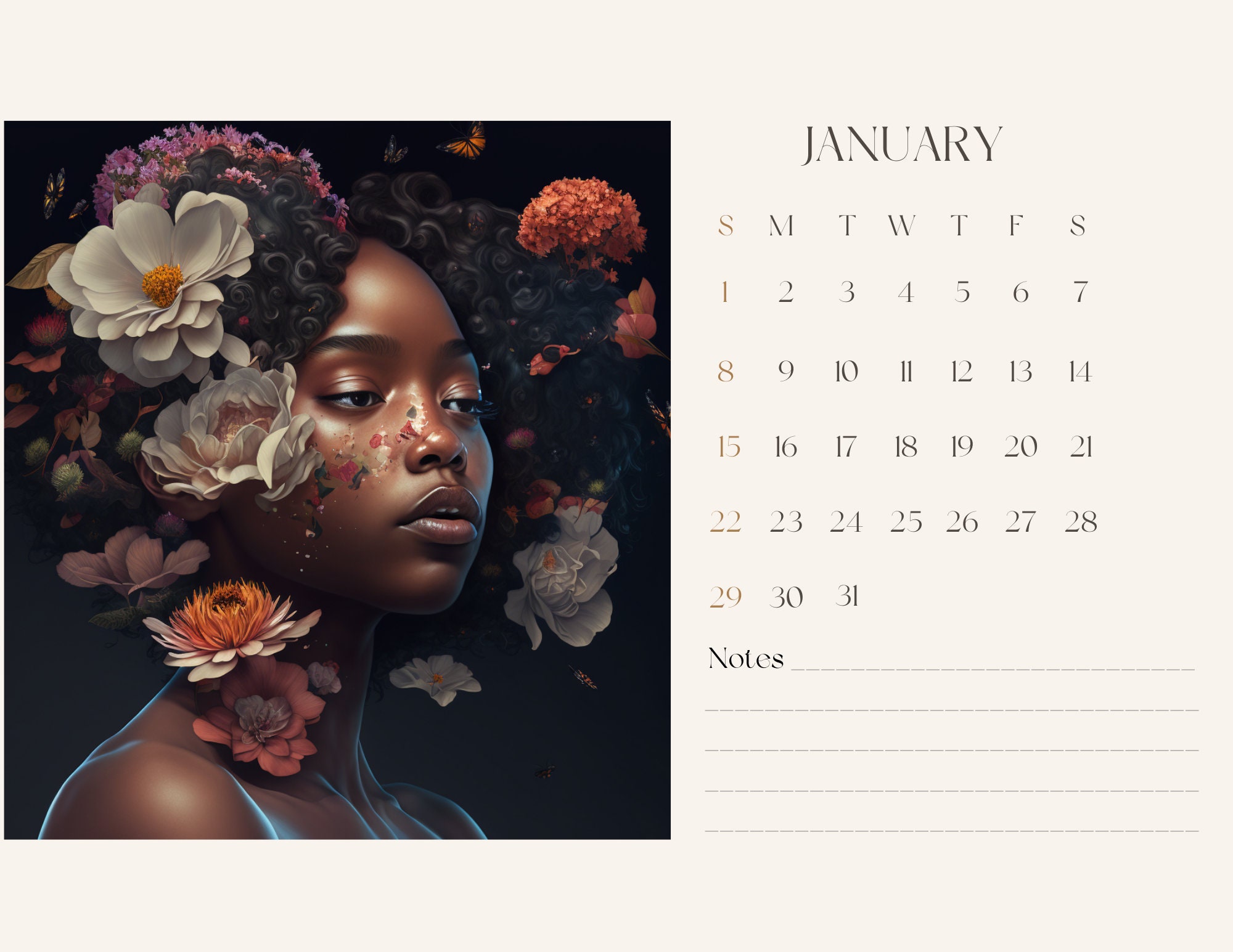Digital Download 2023 Printable Floral Afro Ladies Calendar - Etsy