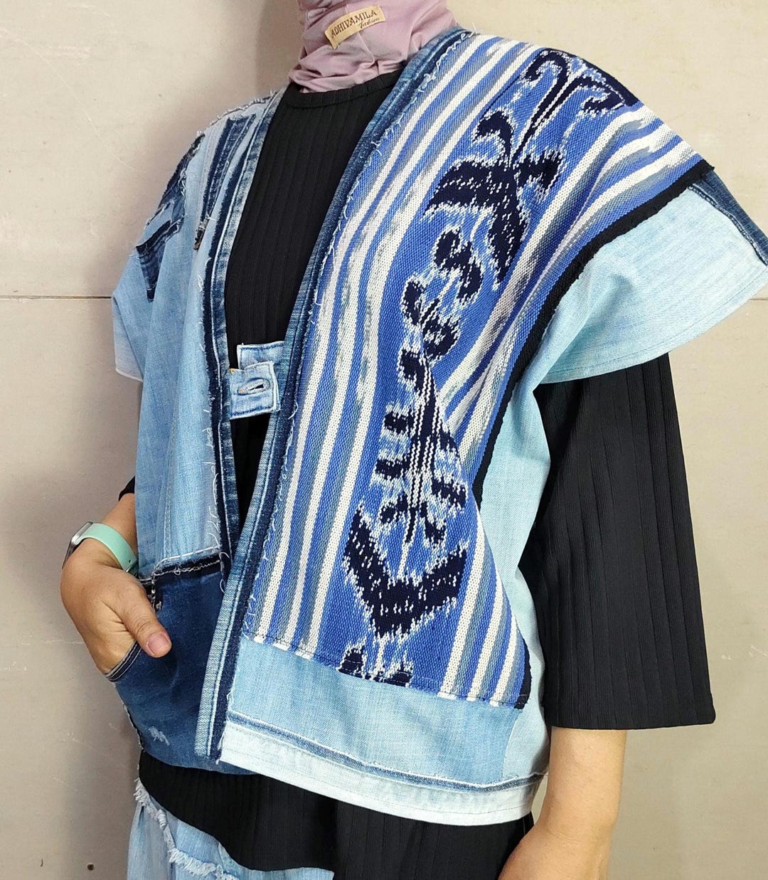 Outer Denim Vest With Weaving, Give for Her, Give for Him, Patchwork ...