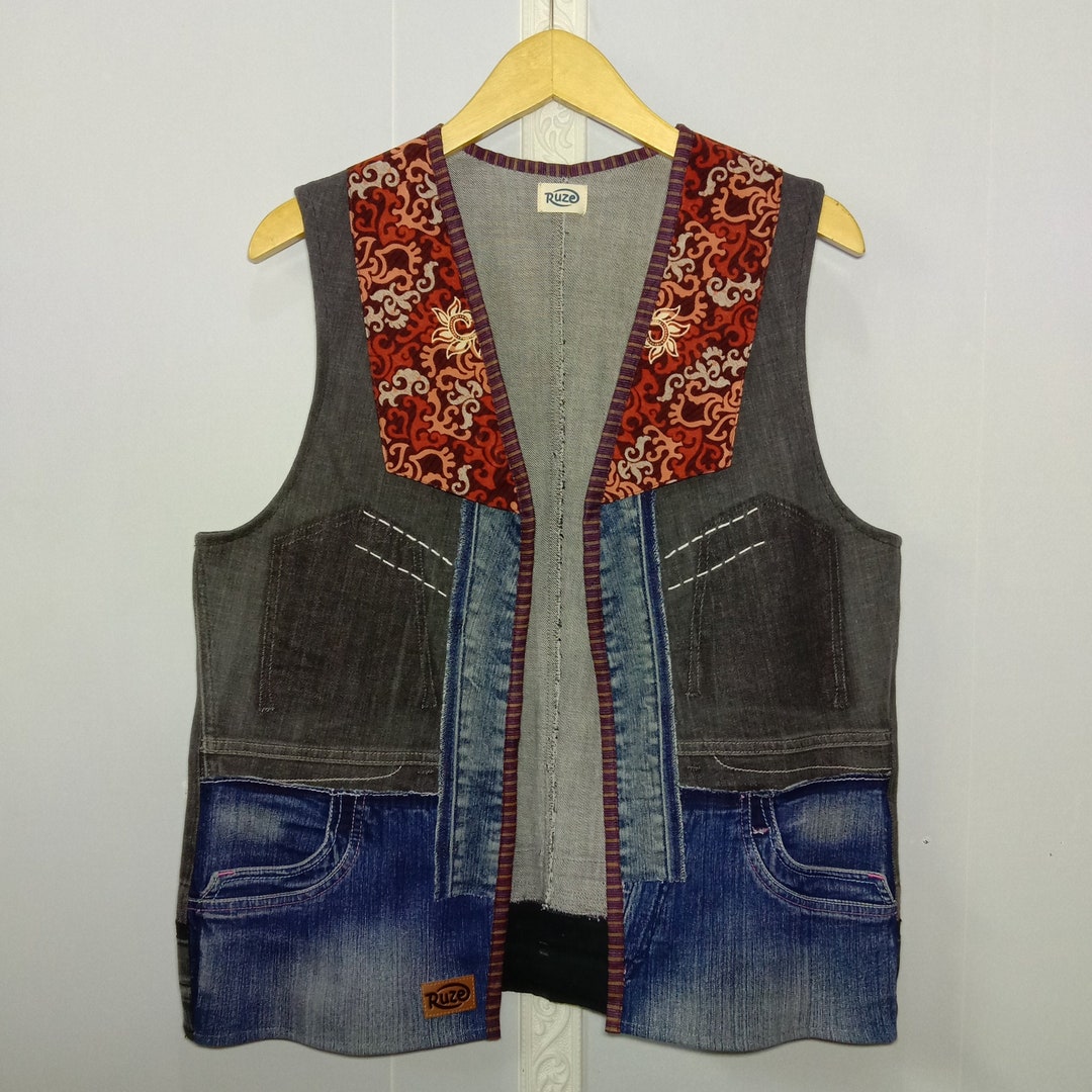 Upcycled Vest With Batik Collar, Patchwork Vest, Recycled Jeans ...