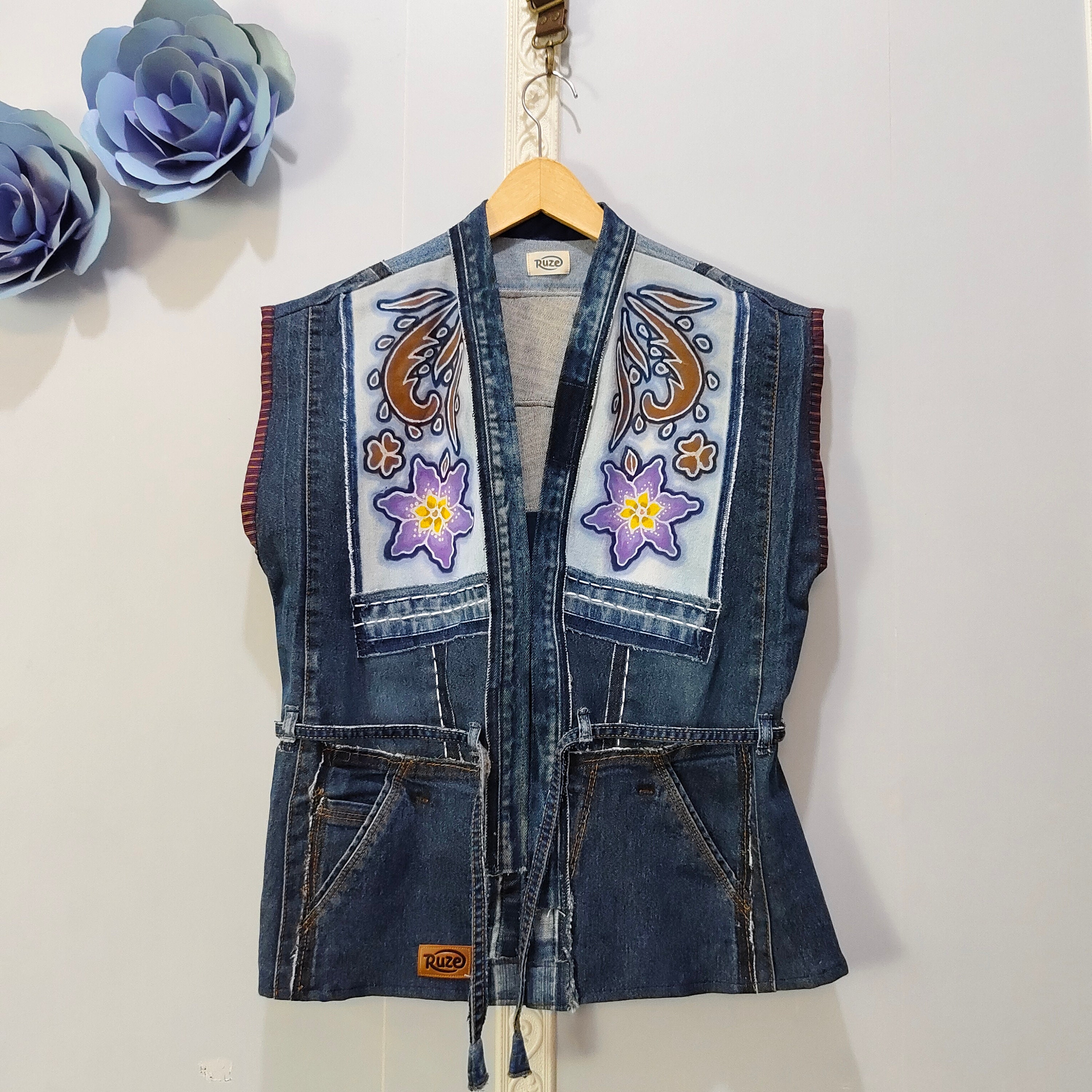 Patchwork Denim Vest With Hand Drawn Batik, Upcycled Vest, Recycled ...