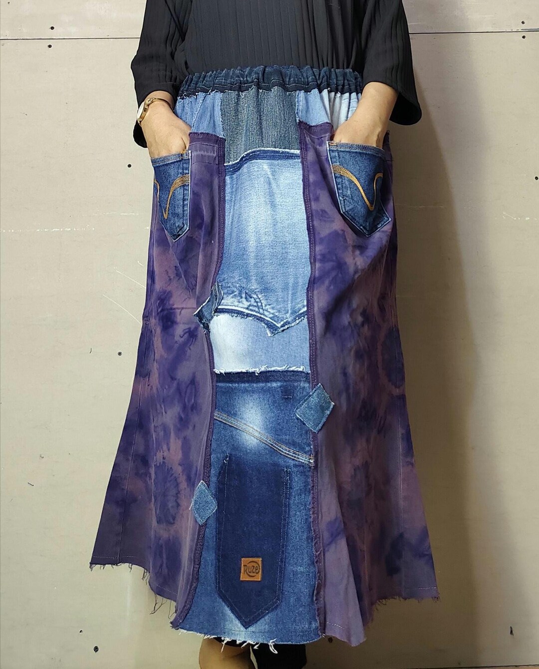 Patchwork Denim Skirt: Upcycled Long Skirt With Pockets - Etsy