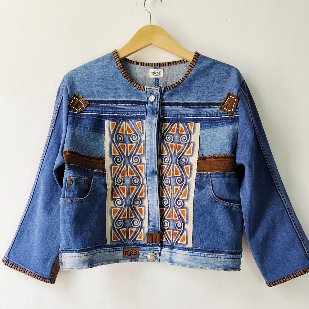 Batik Denim Jacket, Upcycled Short Denim Jacket, Patchwork Jacket ...