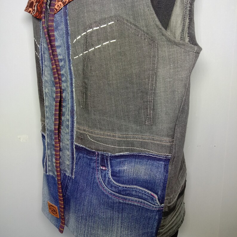 Upcycled Vest With Batik Collar, Patchwork Vest, Recycled Jeans ...