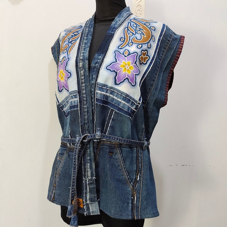 Patchwork Denim Vest With Hand Drawn Batik, Upcycled Vest, Recycled ...