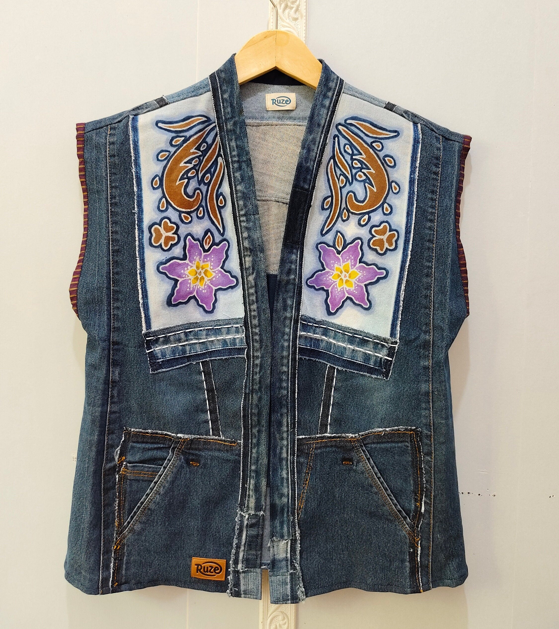 Patchwork Denim Vest With Hand Drawn Batik, Upcycled Vest, Recycled ...
