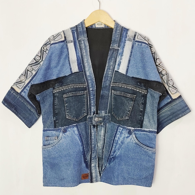 Kimono Patchwork Denim Jacket, Upcycled Denim Jacket, Patchwork Jacket, Recycled Jeans ...