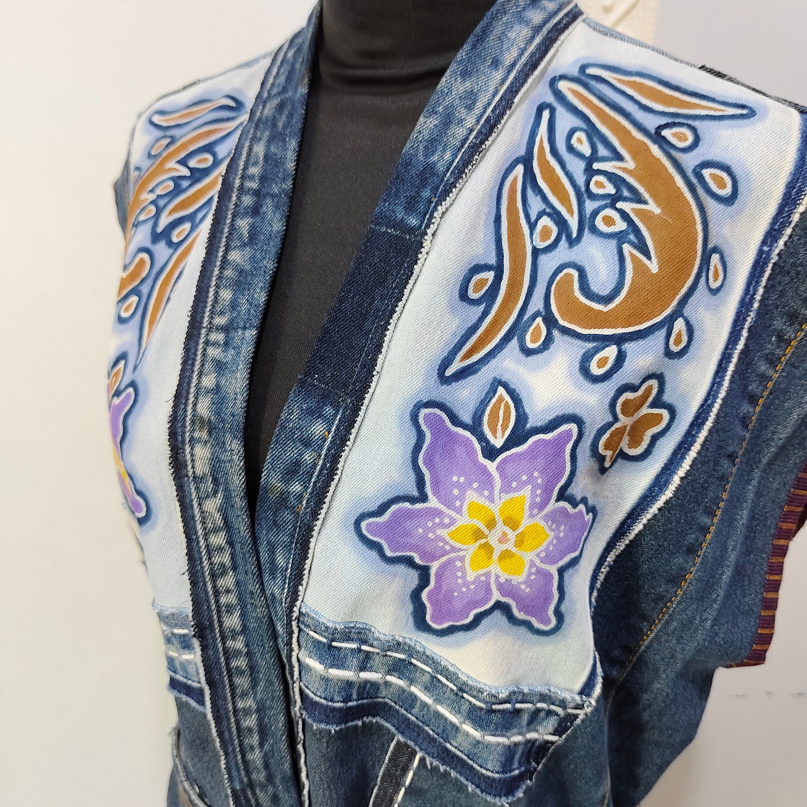 Patchwork Denim Vest With Hand Drawn Batik, Upcycled Vest, Recycled ...