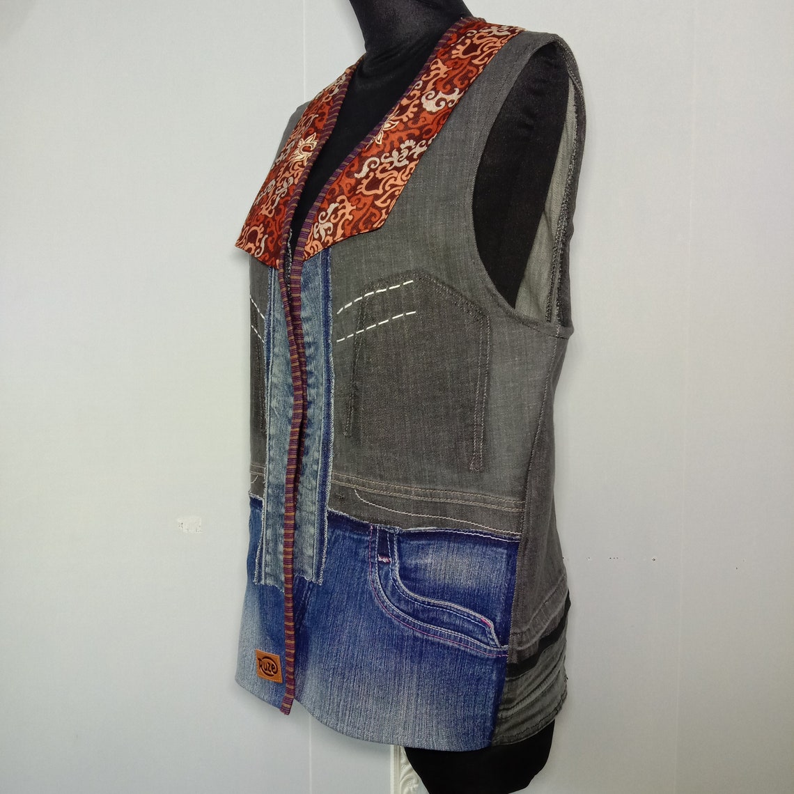 Upcycled Vest With Batik Collar, Patchwork Vest, Recycled Jeans ...