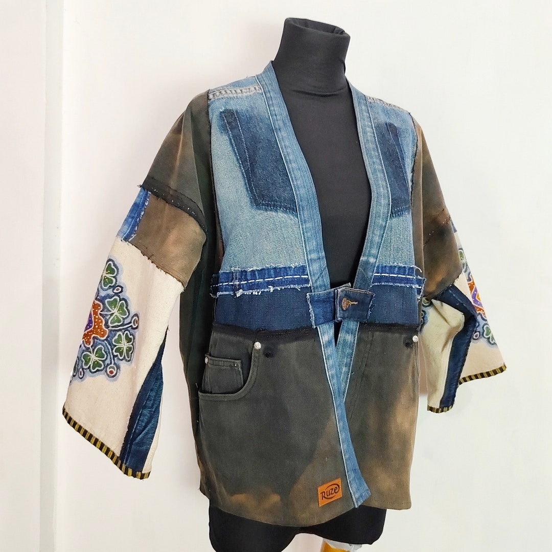 Kimono Patchwork Denim Jacket, Upcycled Denim Jacket, Patchwork Jacket ...