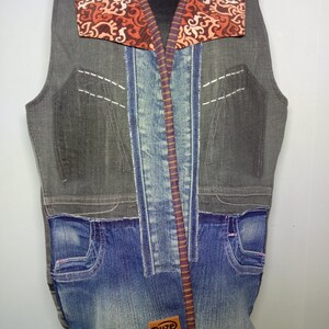 Upcycled Vest With Batik Collar, Patchwork Vest, Recycled Jeans ...
