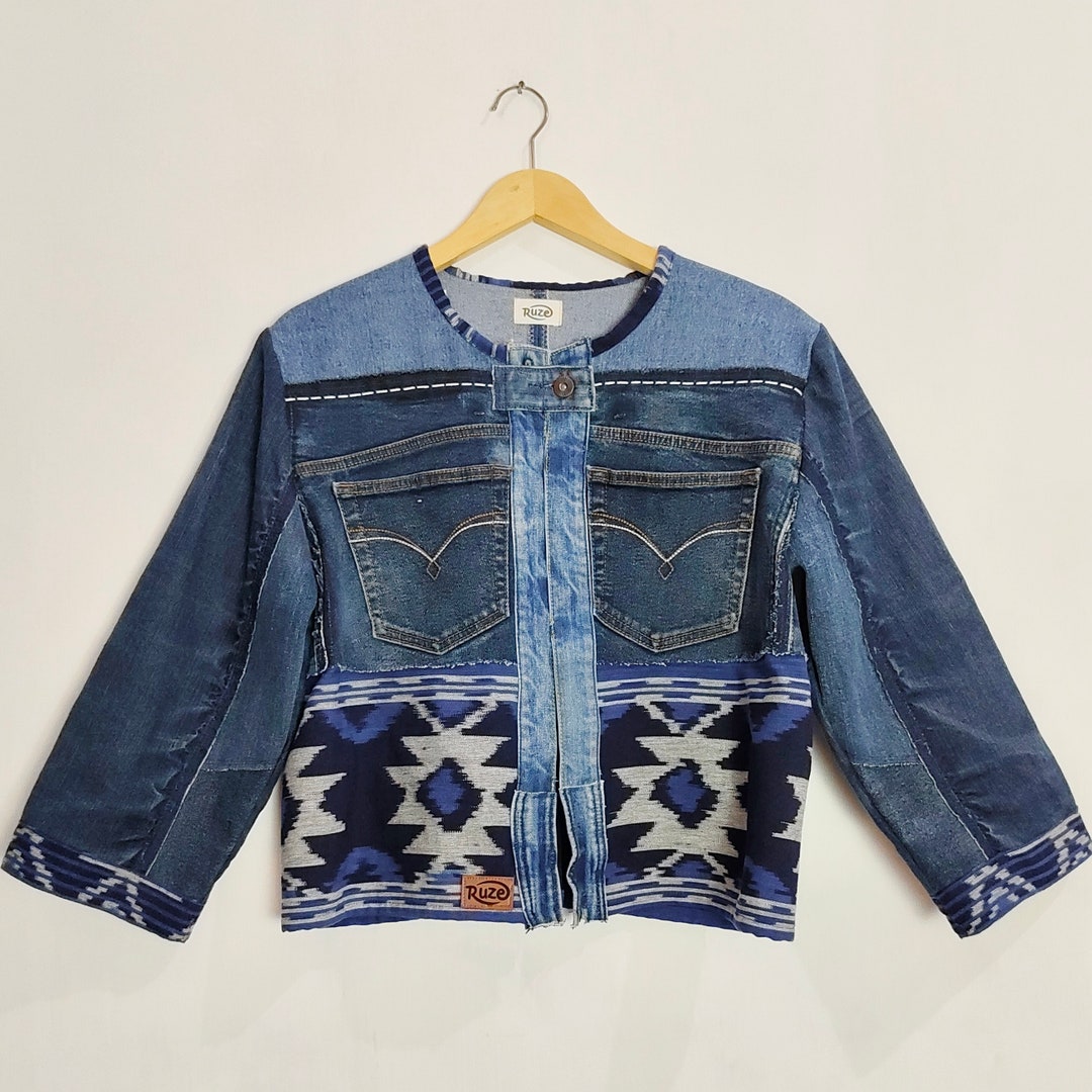 Patchwork Denim Jacket, Upcycled Short Denim Jacket, Patchwork Jacket ...