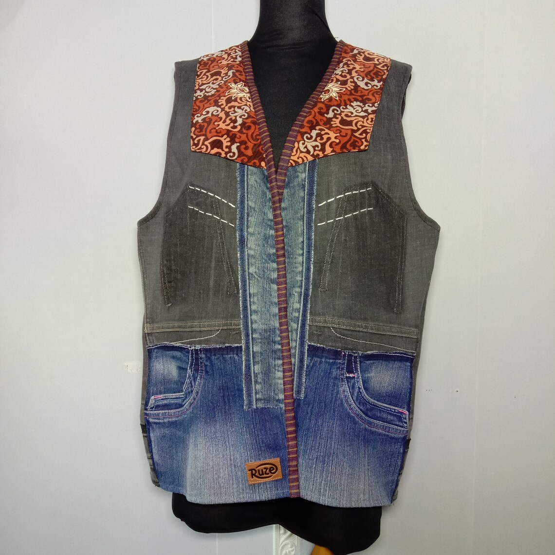 Upcycled Vest With Batik Collar, Patchwork Vest, Recycled Jeans ...