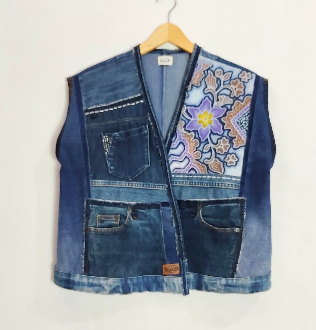 Patchwork Denim Vest With Hand Drawn Batik, Upcycled Vest, Upcycling ...