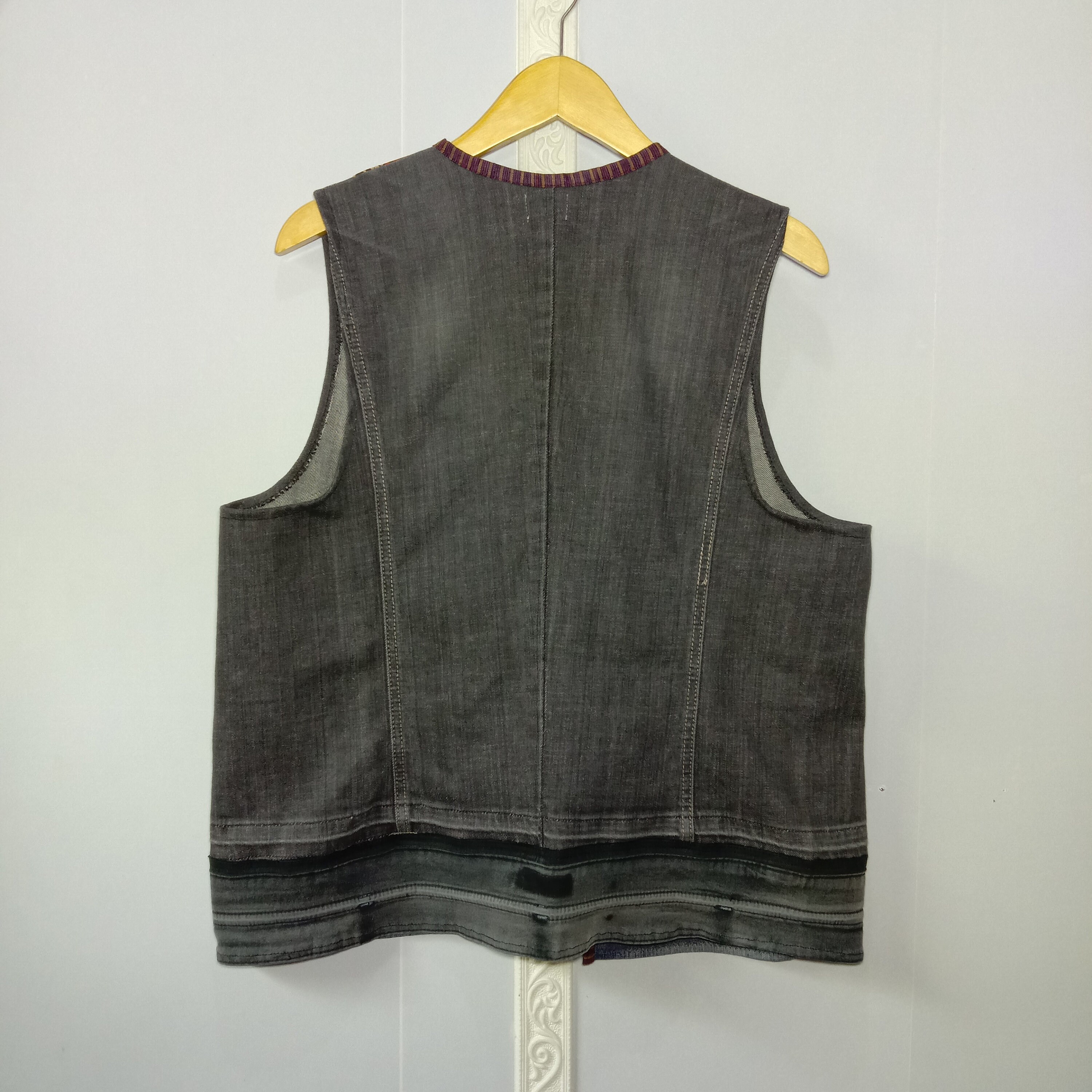 Upcycled Vest With Batik Collar, Patchwork Vest, Recycled Jeans ...