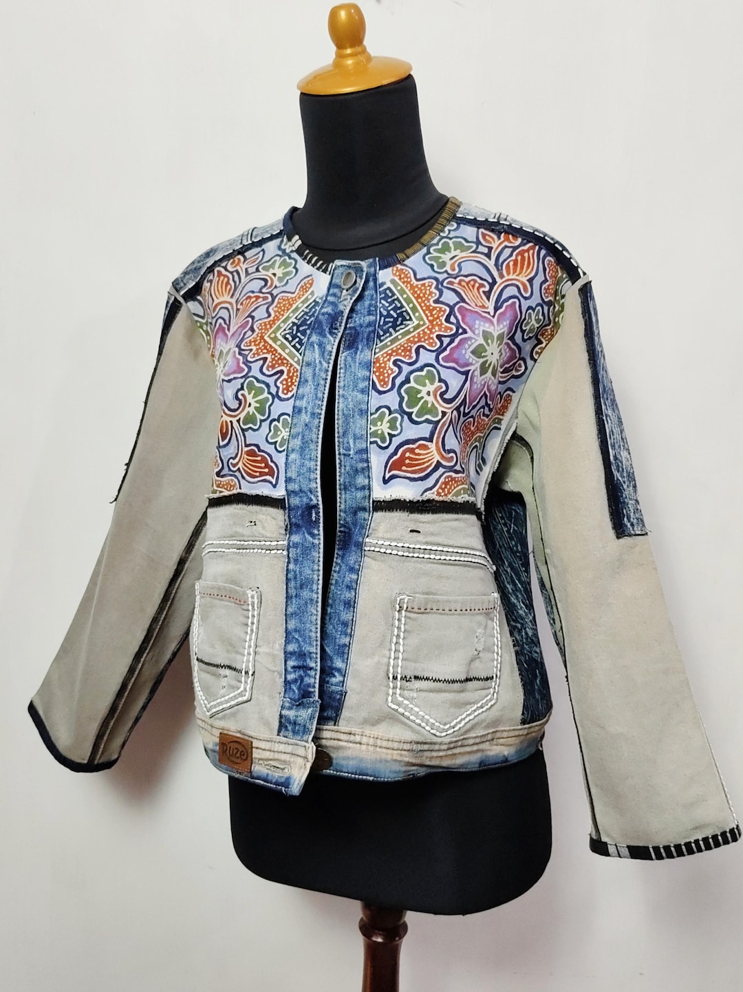 Hand Painted Batik Denim Jacket, Upcycled Jeans, Size L - Etsy