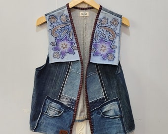 Upcycled Vest With Batik Collar, Patchwork Vest, Recycled Jeans ...
